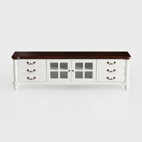 Vintage Two Tone Solid Wood TV Stand With Glass Doors And Drawers 3D ...